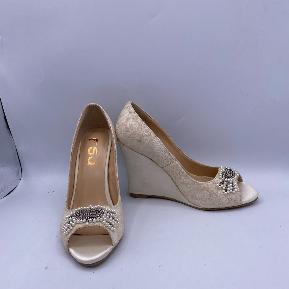 Fsj White Lace Peep Toe Wedge Shoes Heels - Gem
